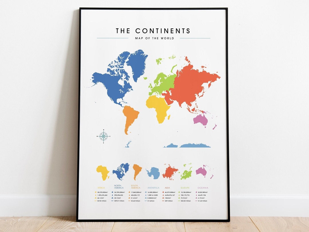 World Continents Map Wall Art, Educational Geography Gift Giclée Print ...