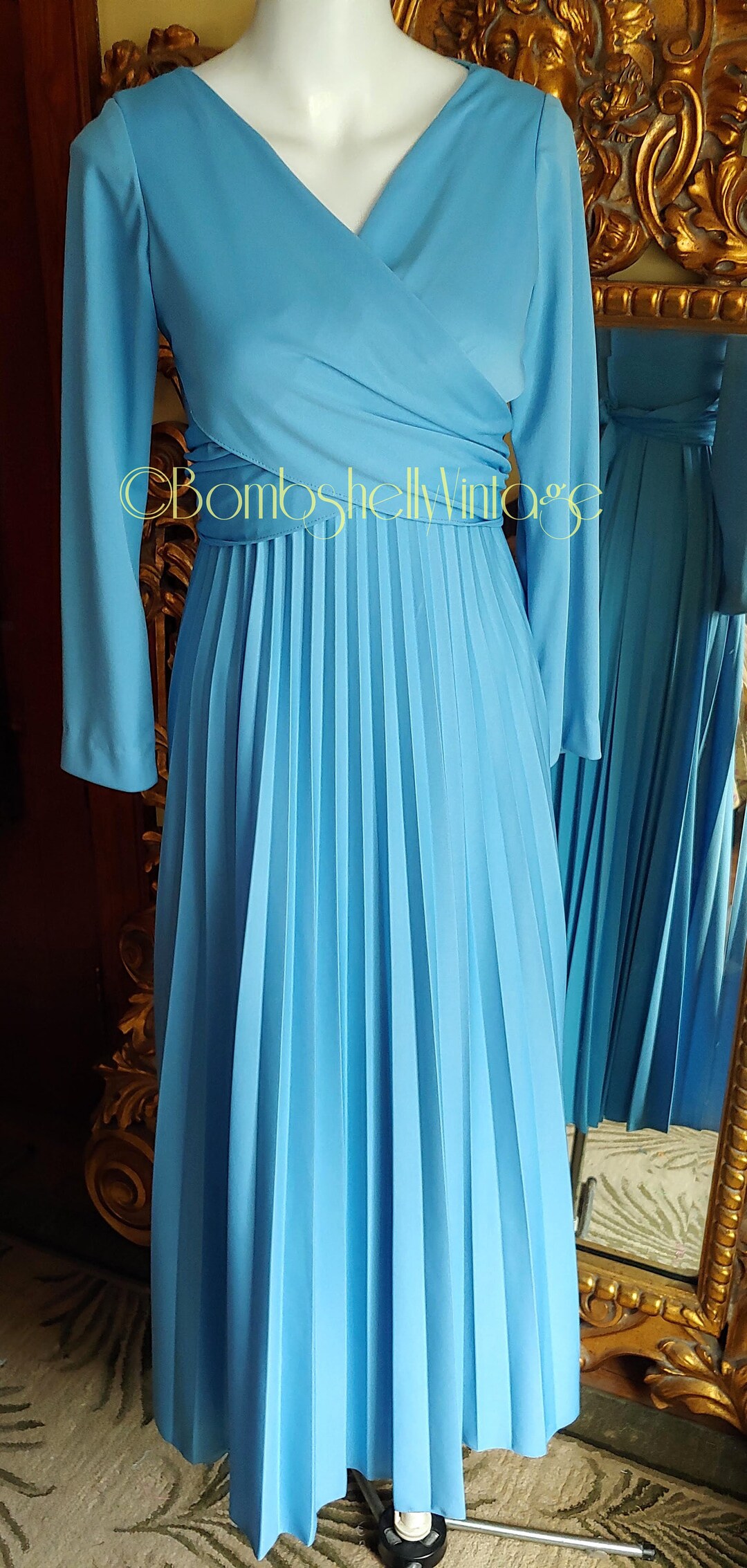 Vintage 70's La Merite Shops Baby Blue Acordian Pleated Wrap Front Gown ...