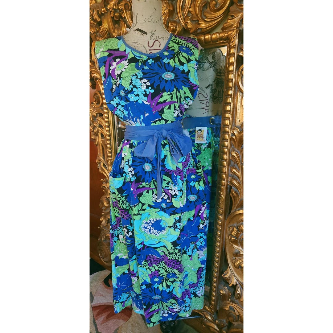 Vintage 70's Design House Japan Pinafore Wrap Around Blue Floral Long ...