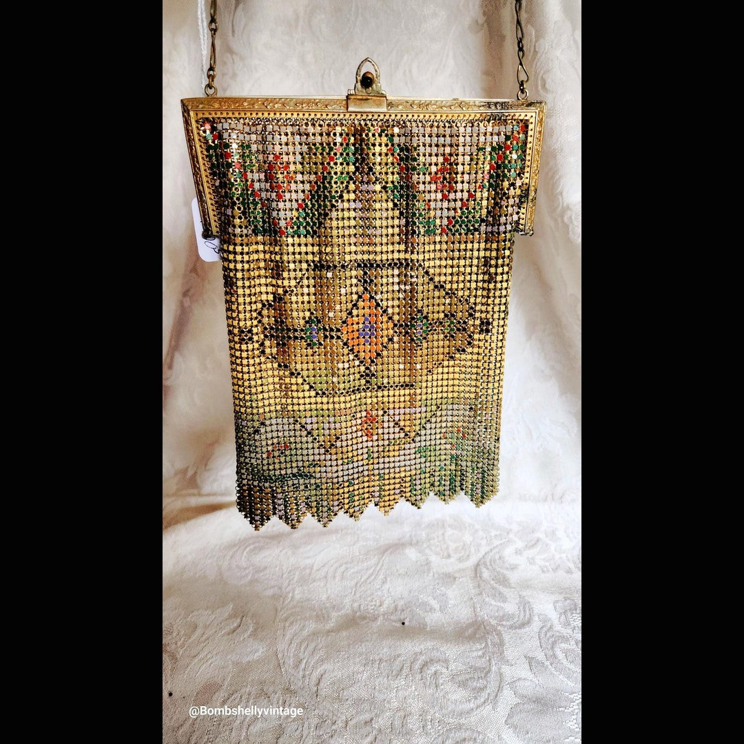 Vintage 1920's Whiting and Davis Gold Enameled Metal Mesh Flapper Purse ...