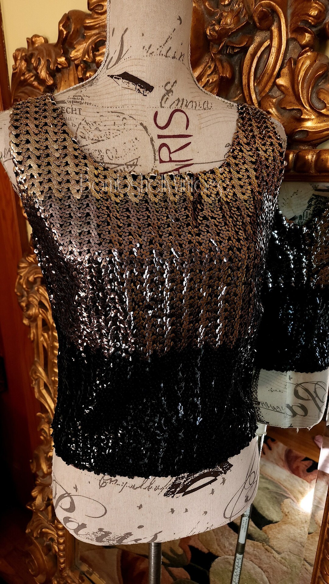 Vintage 50's Black Silver and Gold Sequin Back Zip Top - Etsy