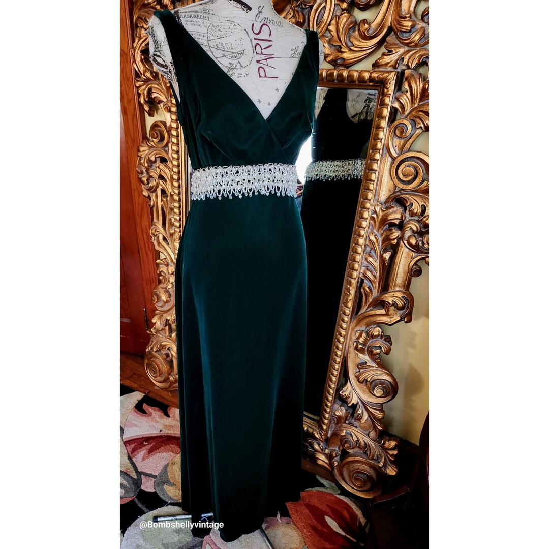 Vintage 60's Mike Benet Formals Deep Green Velvet Gown With Silver Trim ...