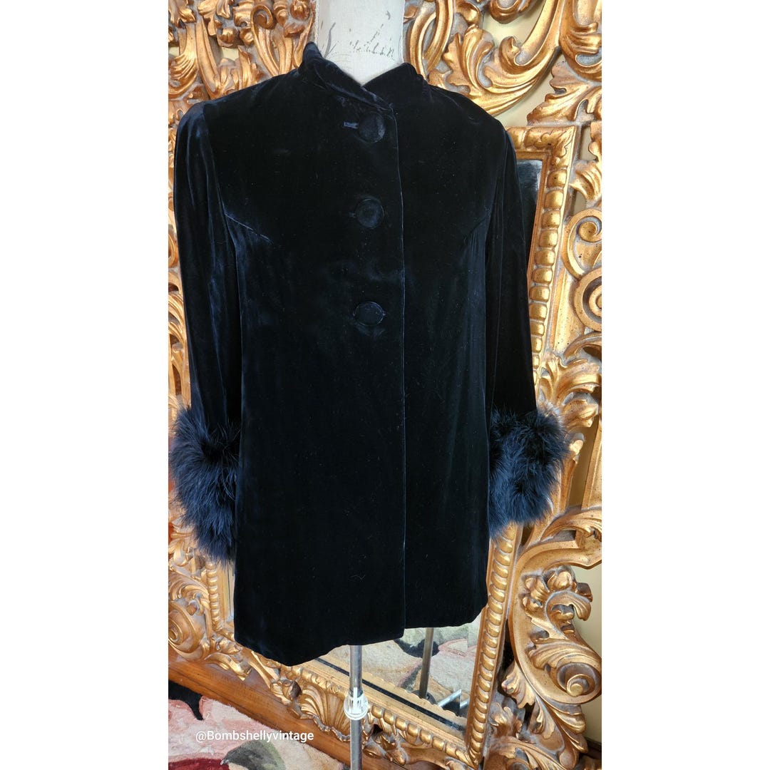 Vintage 60's Black Velvet Jacket With Ostrich Feather Cuffs - Etsy