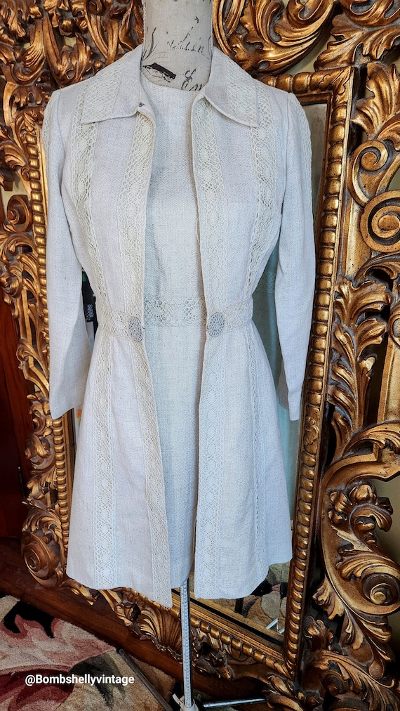 Vintage 60's Beige Linen Dress and Matching Coat with… - Gem