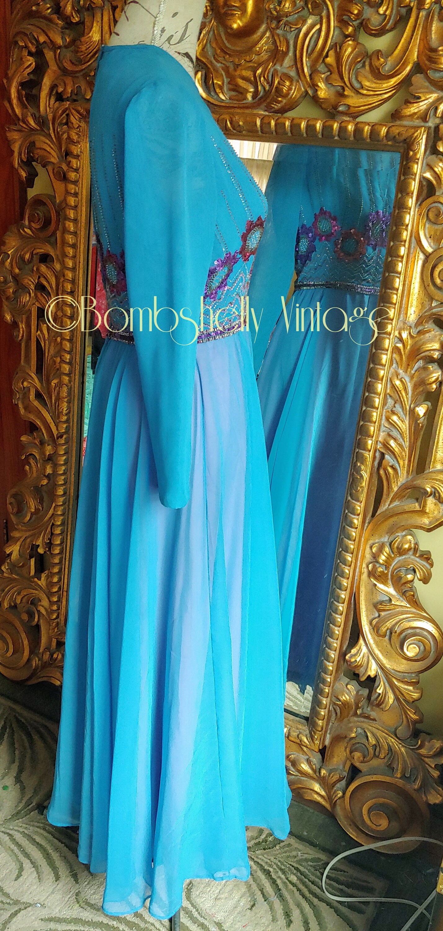 Vintage 60's Jack Bryan Peacock Blue Beaded Sequin Chiffon | Etsy