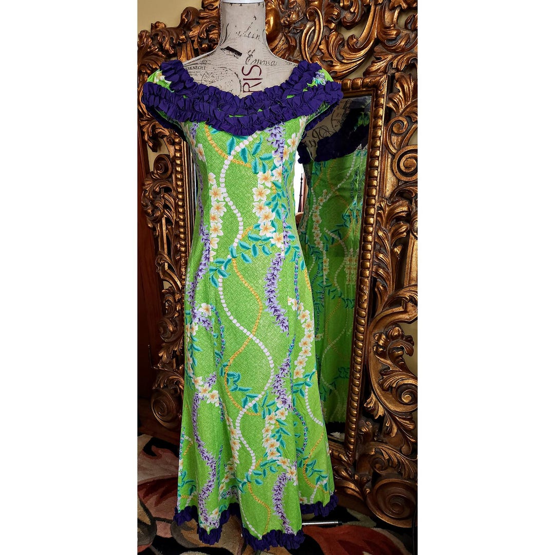 Vintage 70's Royal Creations Green & Purple Ruffled Hawaiian Tiki Gown ...