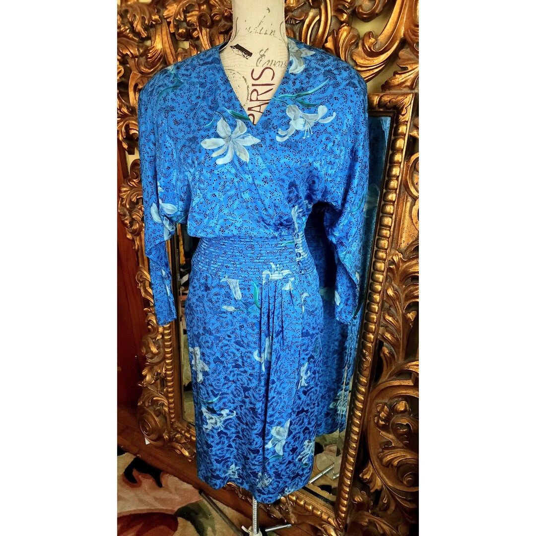Vintage 80's Maggie London by Jeannene Booher Blue and Gray Floral Silk ...