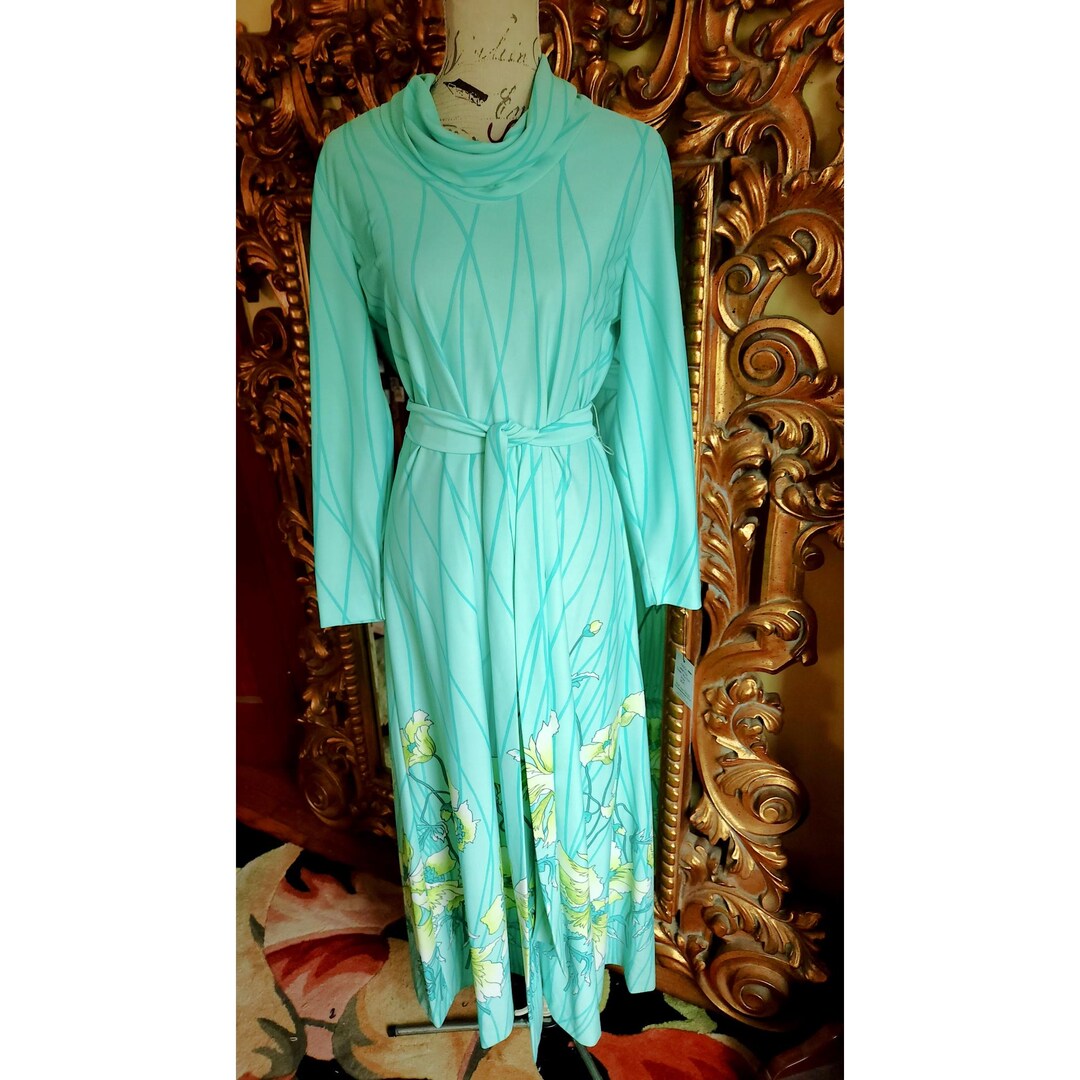 Vintage 70's Leslie Fay Green Floral Cowl Neck Maxi Dress - Etsy