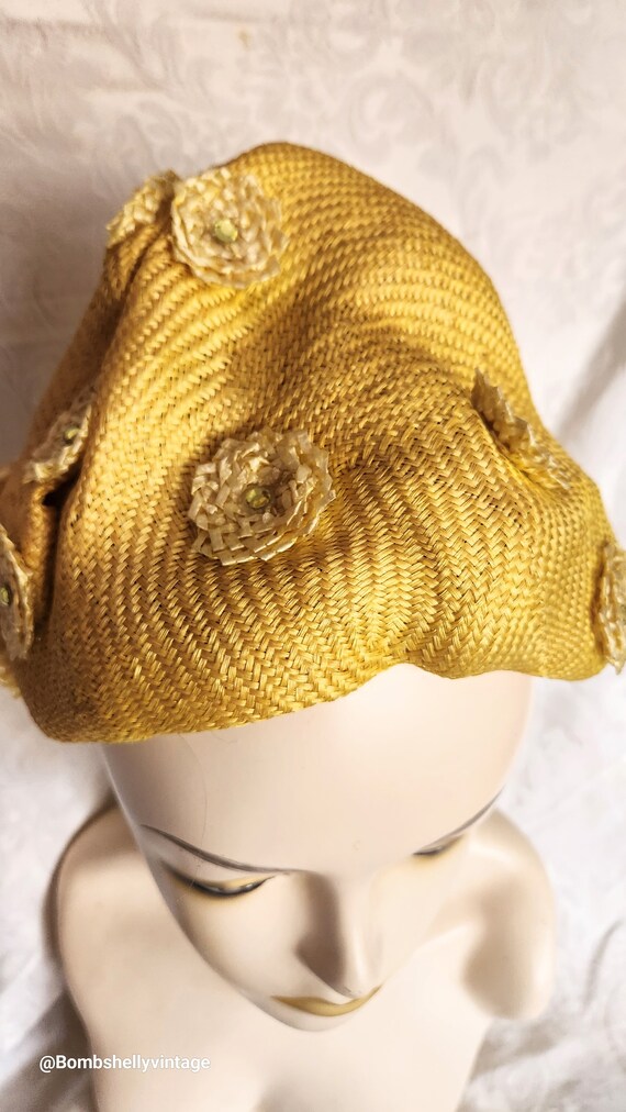 Vintage 50's Yellow Straw Sculptural Pointed Hat with… - Gem