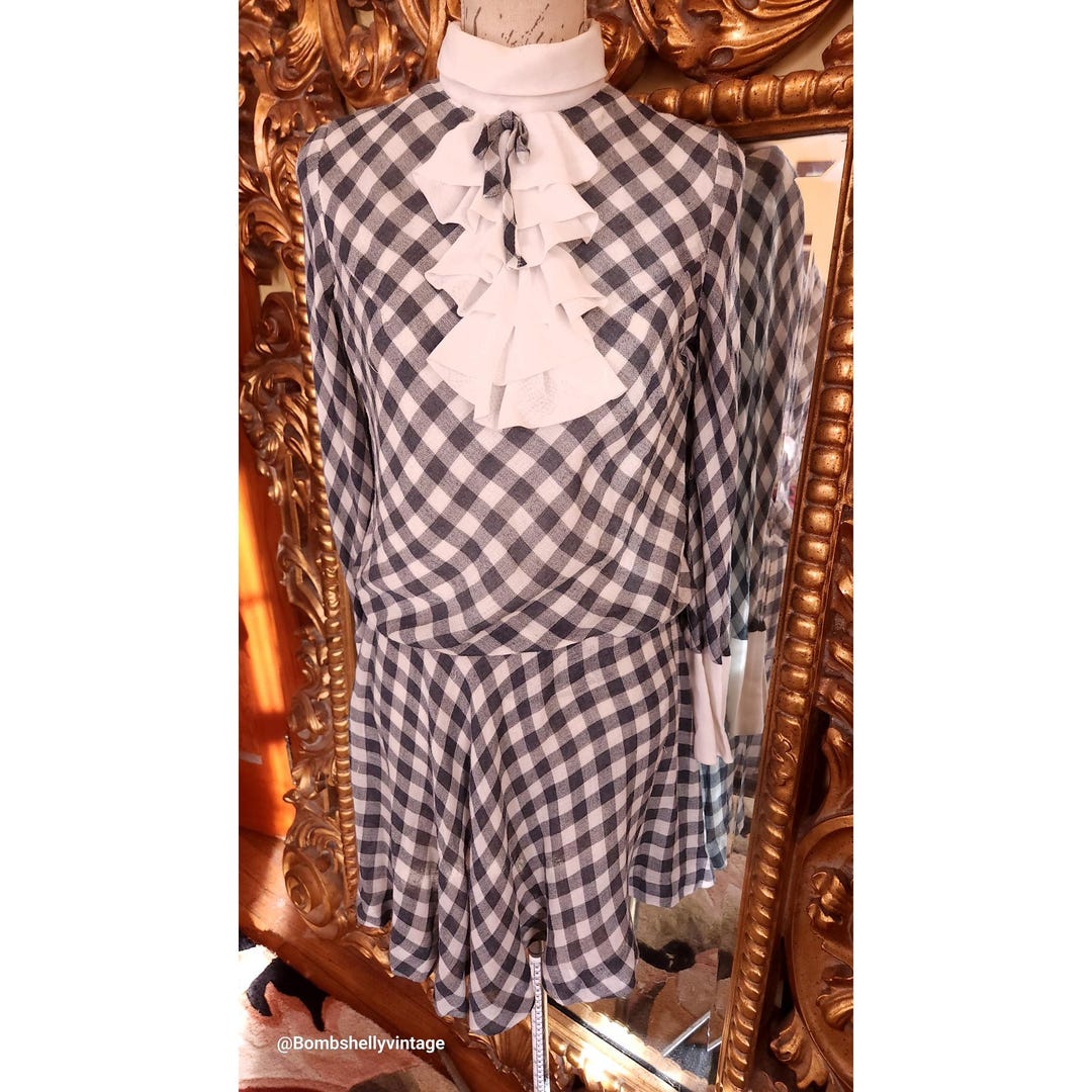 Vintage 60's Carlette Mod Gray and White Check Blouson Dress With ...