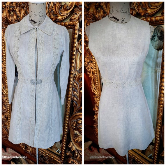 Vintage 60's Beige Linen Dress and Matching Coat with… - Gem