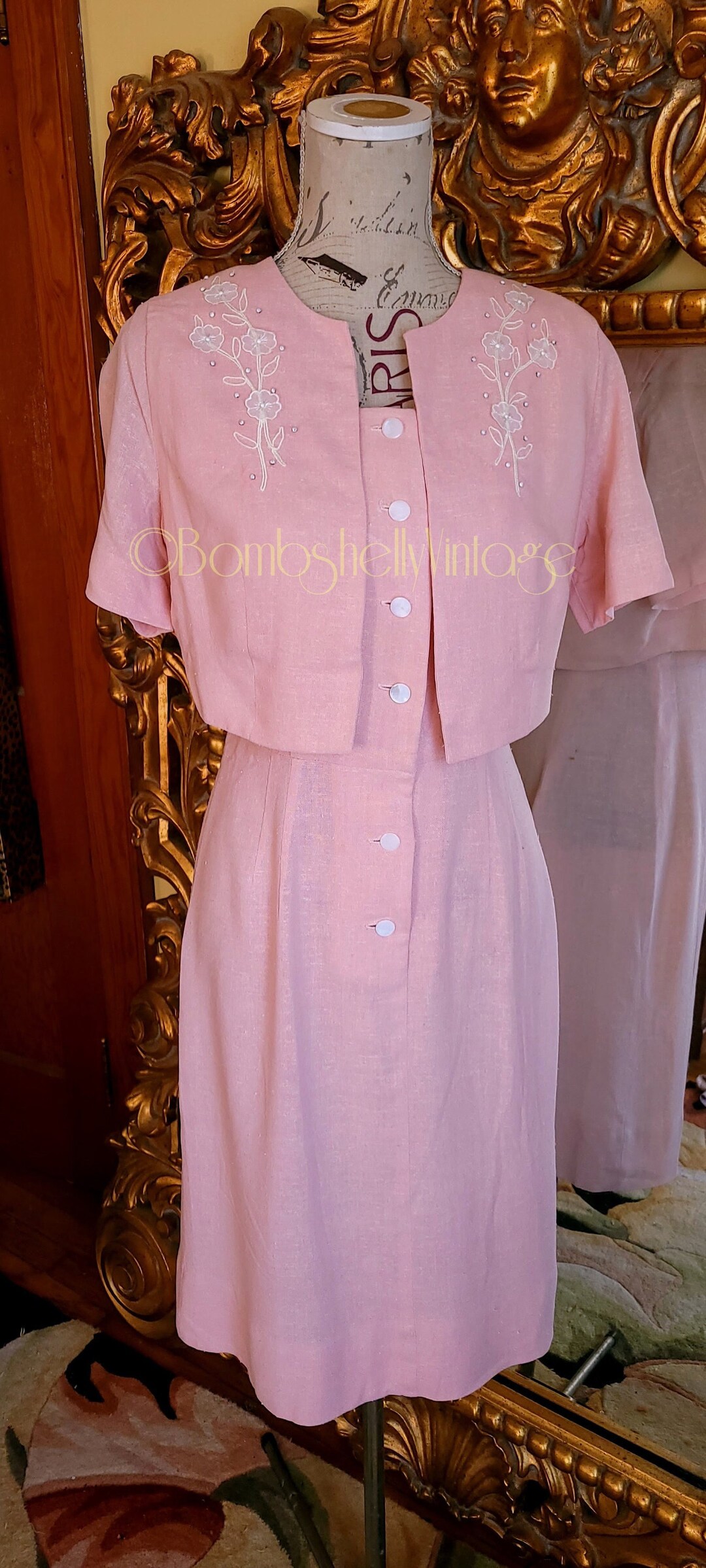 Vintage 50's Edith Martin Pink Linen Two Piece Dress and Bolero Jacket ...