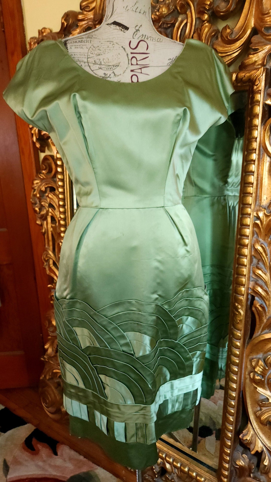 Vintage 60's Designer Maxwell Shieff Green Silk Art Deco Cocktail Dress ...