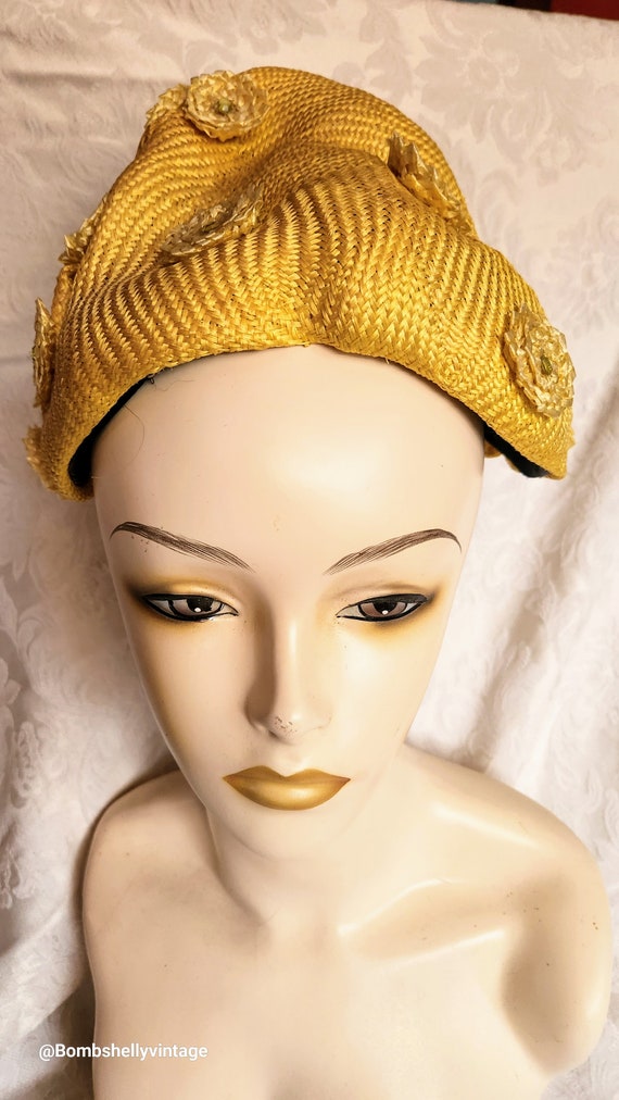 Vintage 50's Yellow Straw Sculptural Pointed Hat with… - Gem