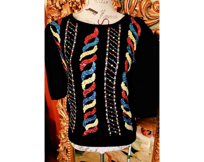 Vintage 80's Diana Marco Black Angora Silk Sweater With Sequin and Beaded Colorful Design - Etsy