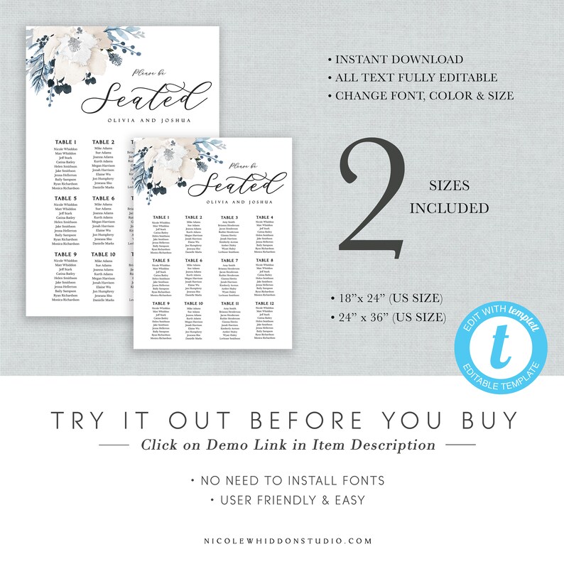 Printable Seating Chart Self-editing INSTANT DOWNLOAD Dusty - Etsy
