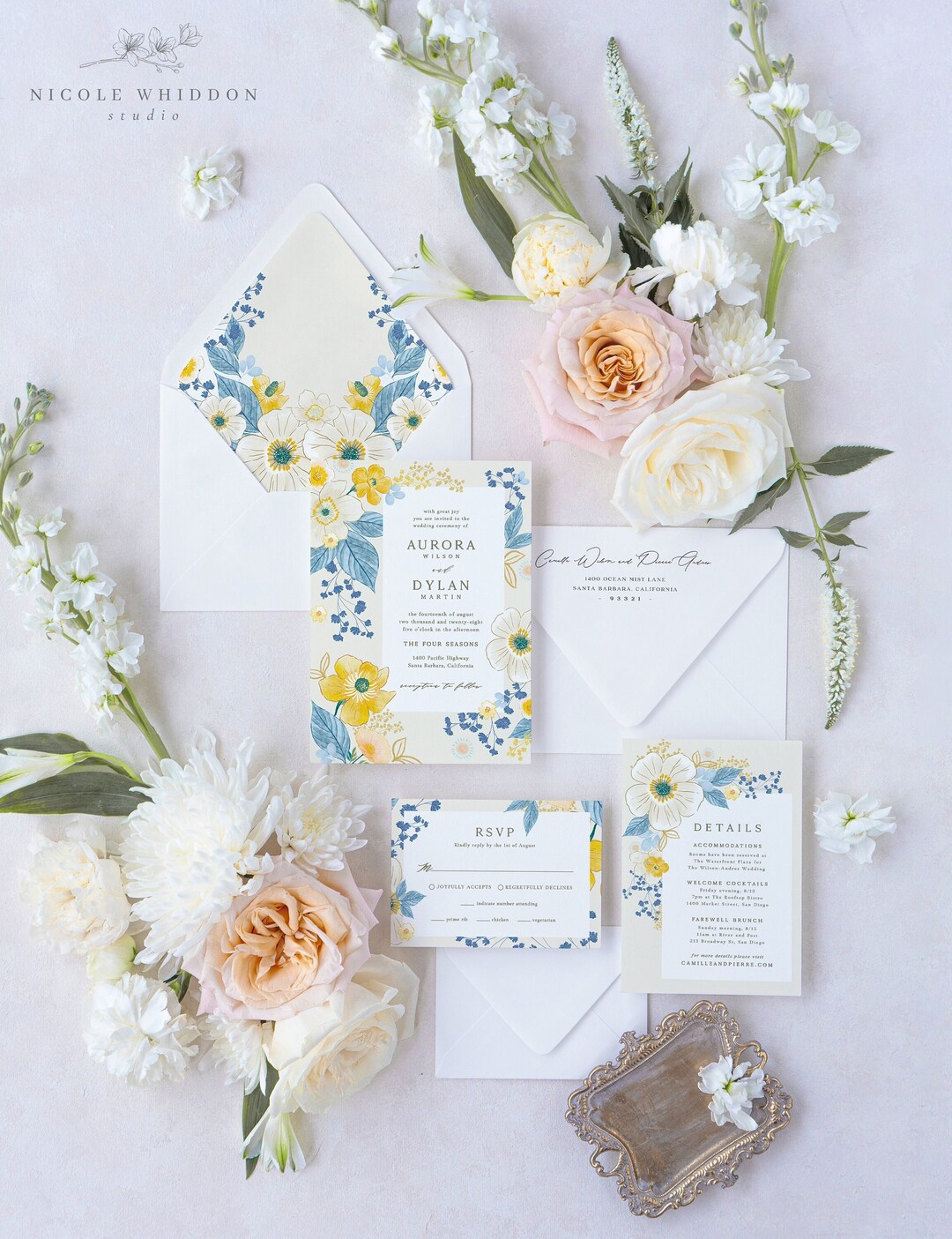 AURORA Elegant Blue and Yellow Wedding Invitation Suite, Summer Wedding ...