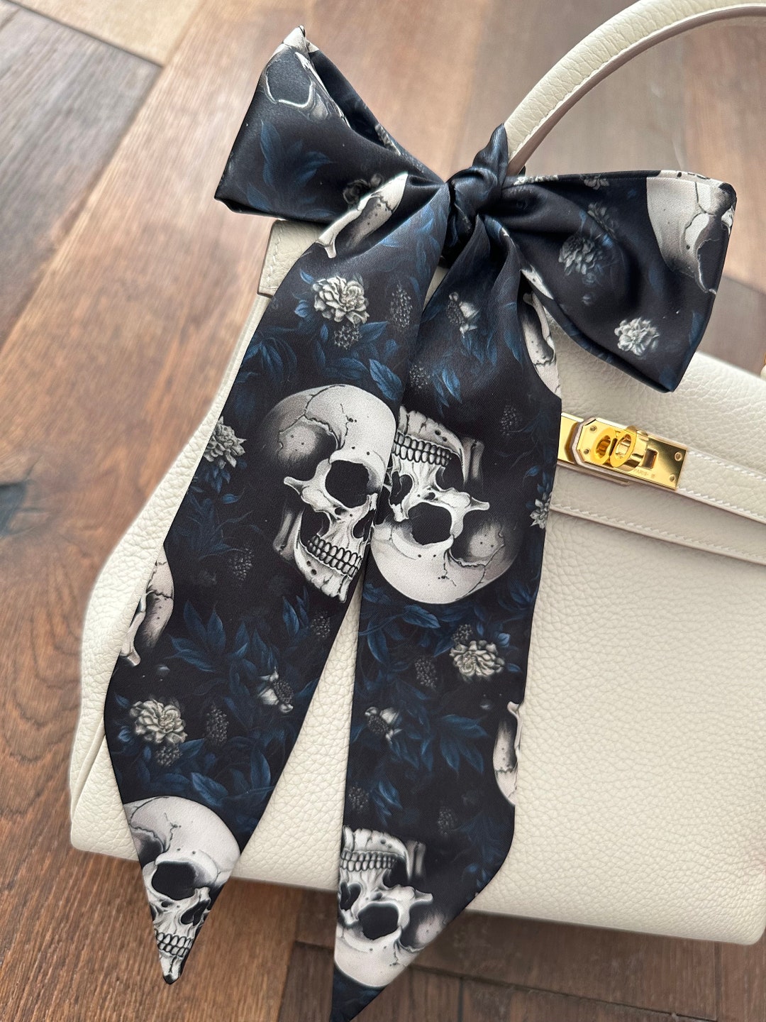Dark Blue Rose Floral Skulls Goth Emo Handbag Skinny Scarf / Handle ...