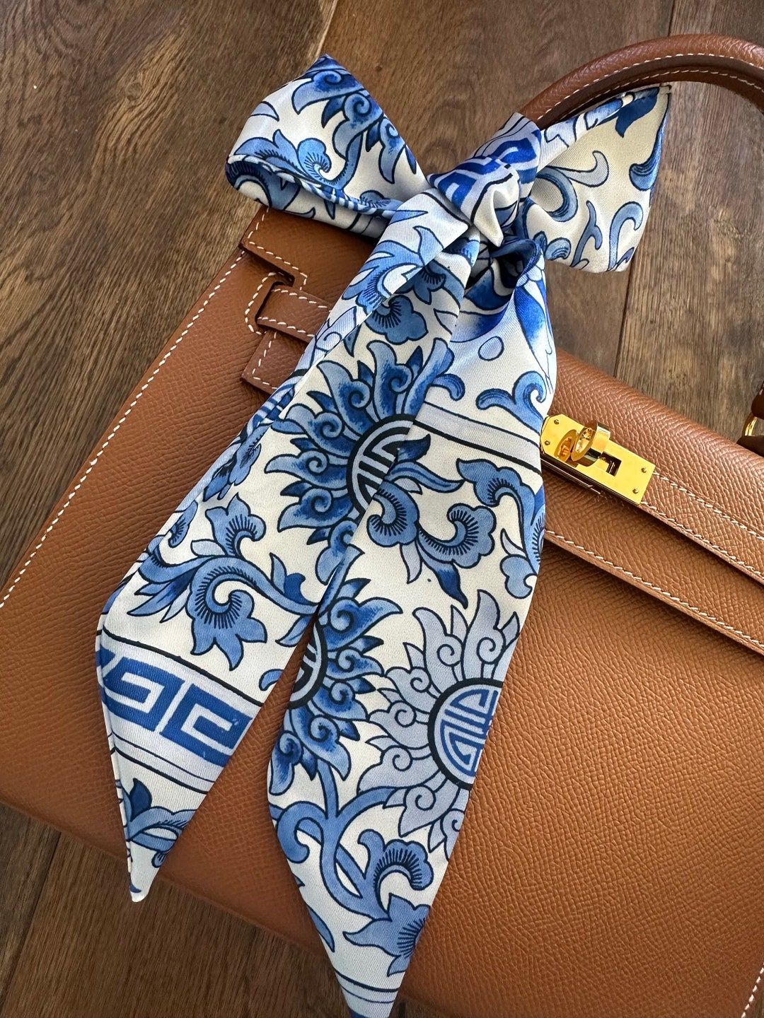 Blue and White Mediterranean Floral Tile Greek Key Handbag Skinny Scarf ...