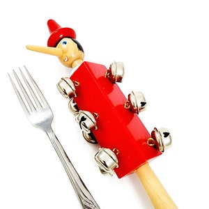Pinnochio Toy Noise Maker Wood Rattle With Bells Vintage 80s - Etsy