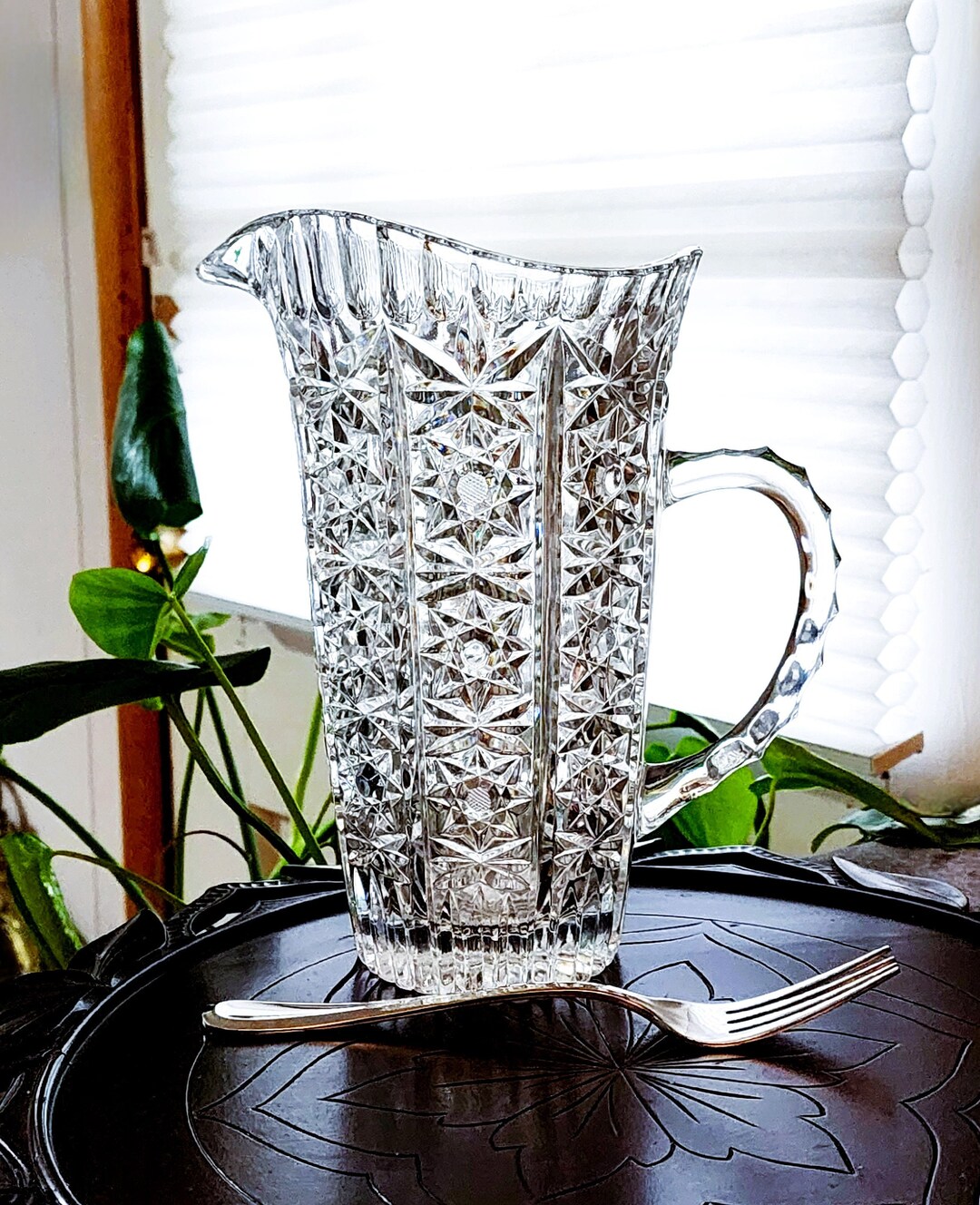 Vintage Crystal Pitcher: Hobstar Starburst Design, Mid-century Barware ...