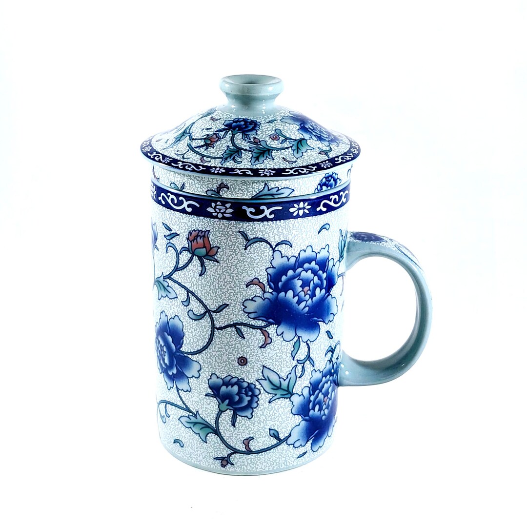Porcelain Peony Tea Infuser Mug With Strainer Insert & Lid Vintage 90s ...