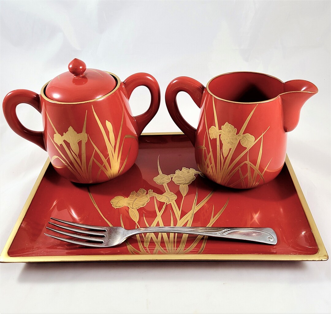 Red Laquer Creamer Sugar Tray Set Cinnamon Red With Gold Hand - Etsy