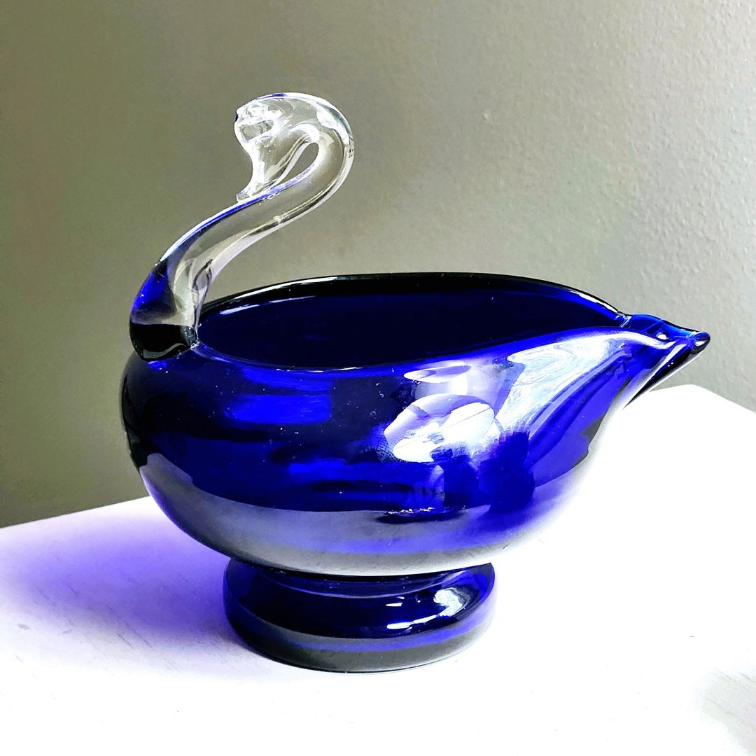Art Glass Blue Cobalt Footed Swan Bowl With Clear Applied Head Vintage ...