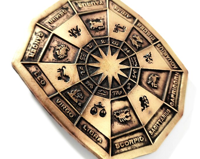 Zodiac Astrology Brass Belt Buckle With Sun & 12 Signs and Symbols ...