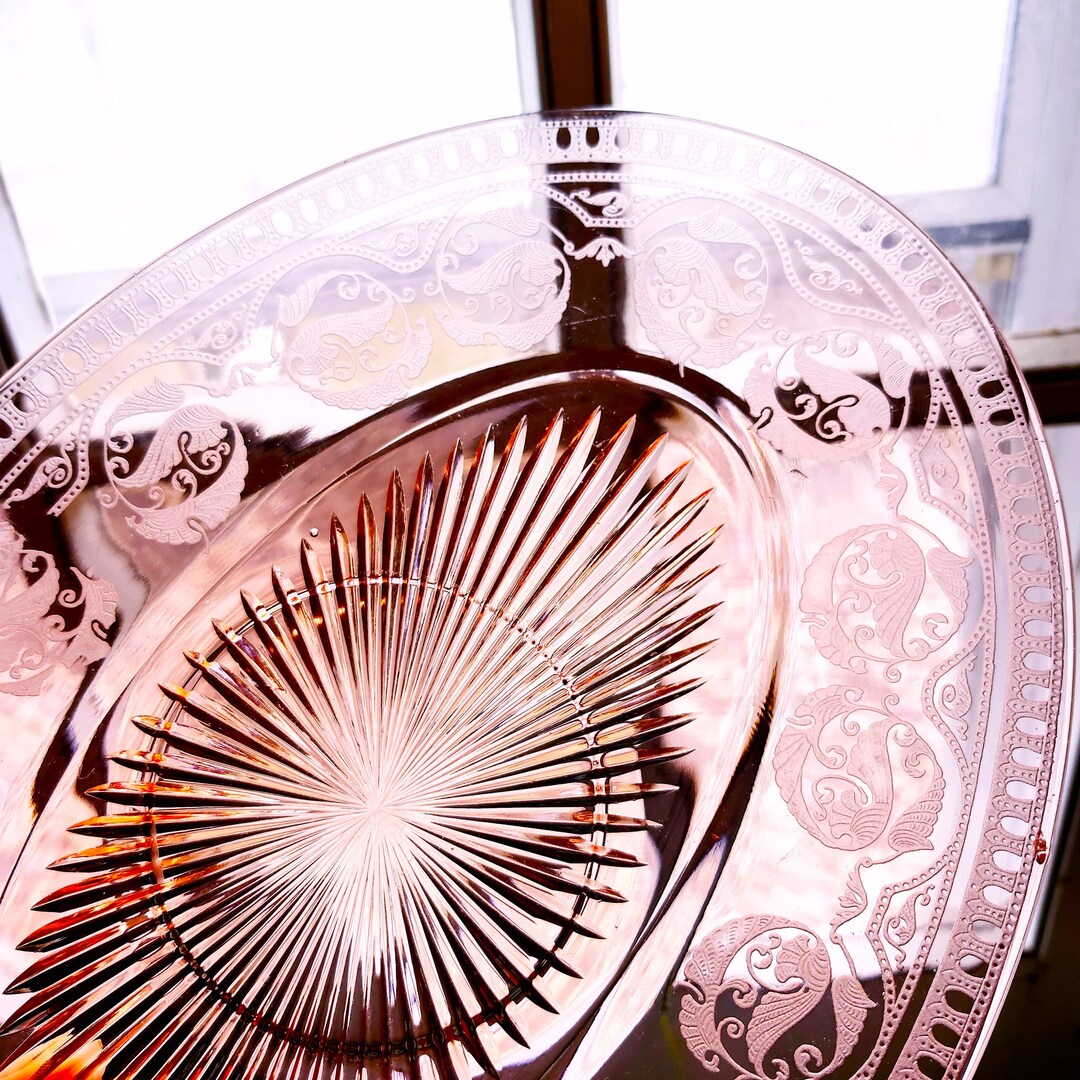 Cambridge Pink Glass Platter 704 With Etched Window Pane Pattern ...
