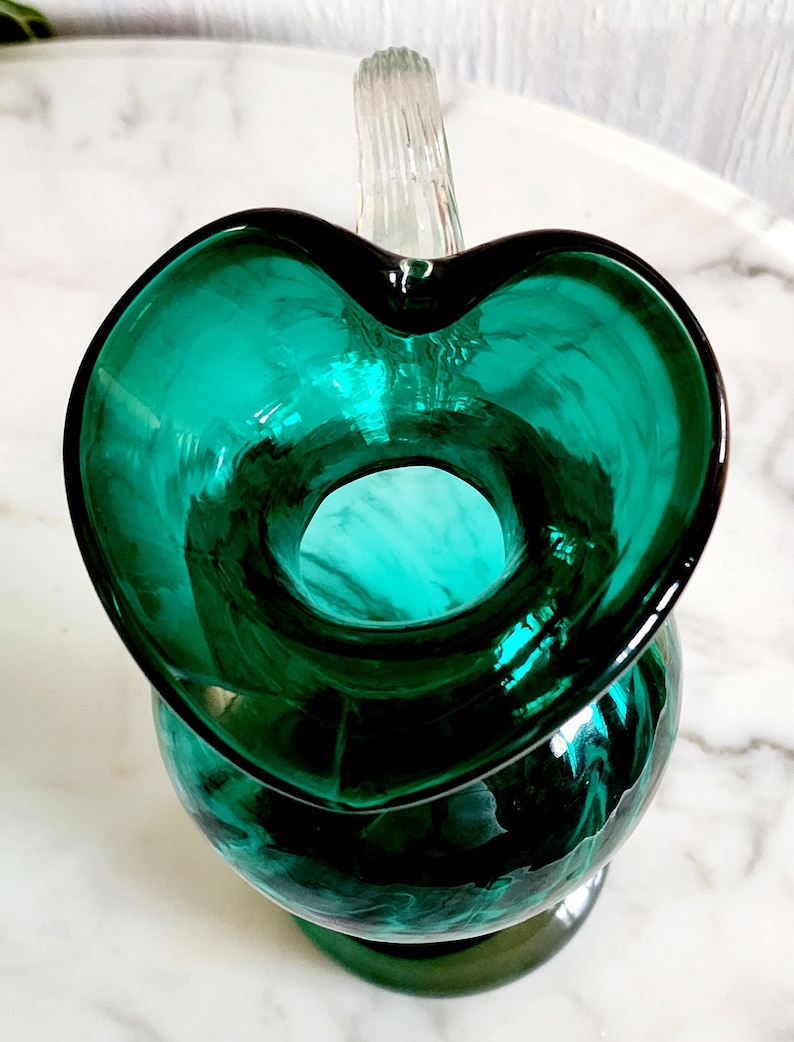 Tall Art Glass Pitcher Vase Green Glass Heart Shaped Rim - Etsy