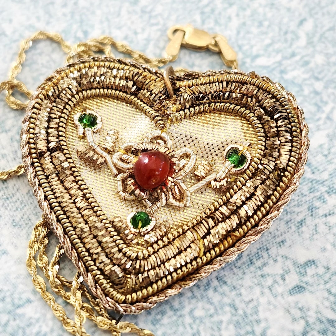 Victorian Goldwork Embroidered Heart Pendant: Antique Textile Jewelry ...