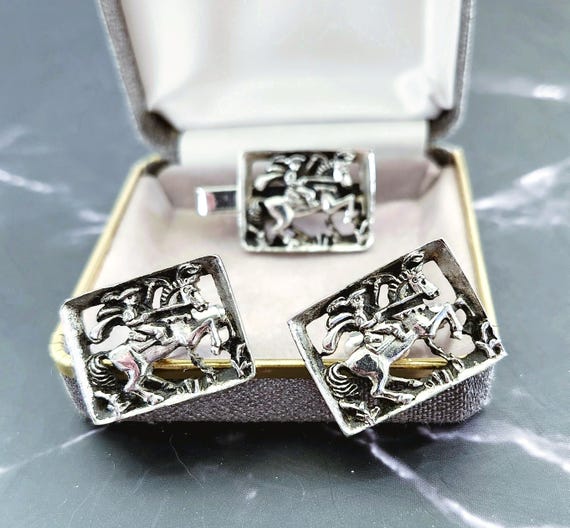 Horseman Knight Cufflinks & Tie Clasp Set Silver Tone… - Gem