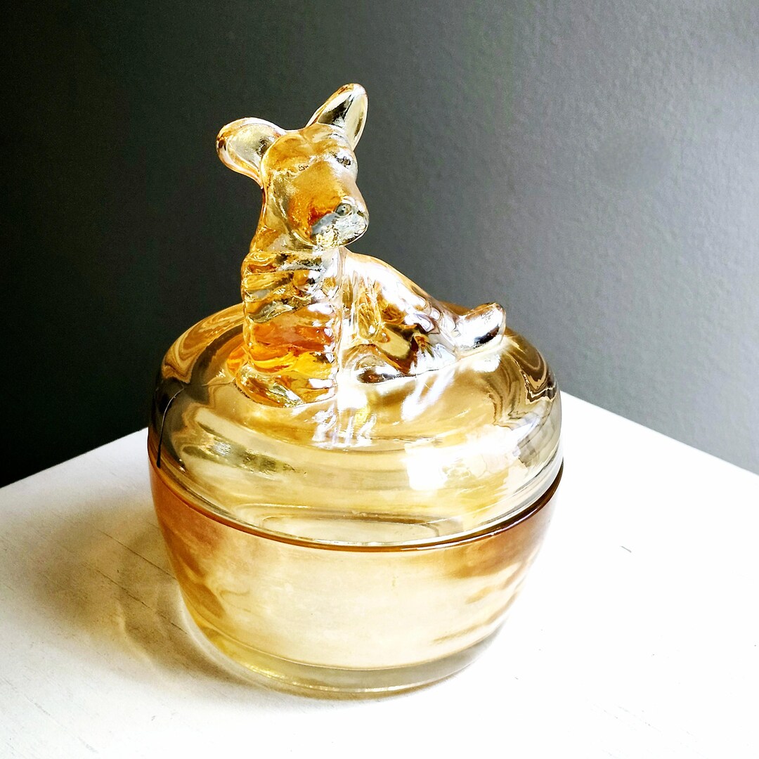 Jeanette Powder Box With Scottie Dog Lid & Marigold Iridescent Vintage ...