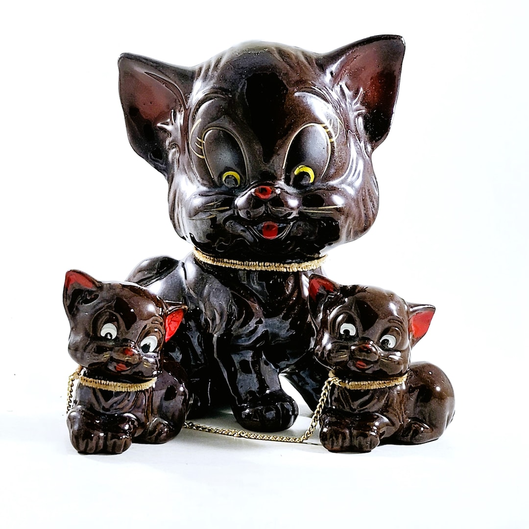 Chained Cat Family Figurines Redware Mom With Kittens Brown Pottery ...