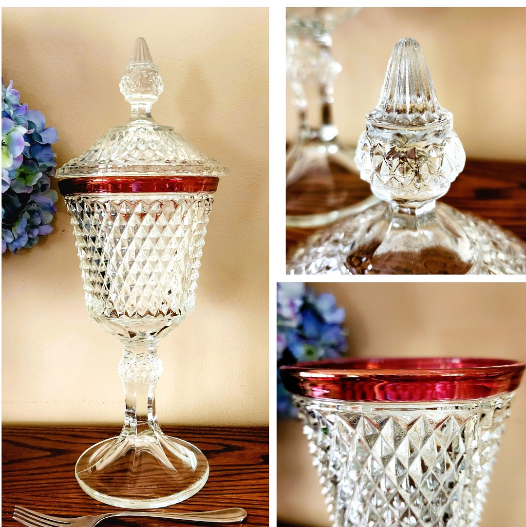 Tall Indiana Glass Compote Apothecary Urn, Diamond Point, Ruby Flashed ...
