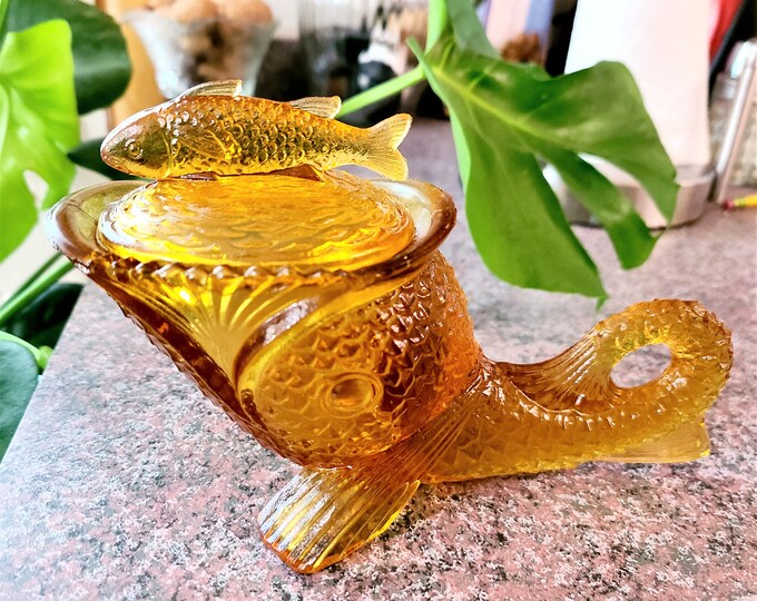 Kemple Glass Dolphin Trinket Dish Amber Glass Figurine Greentown Molds ...