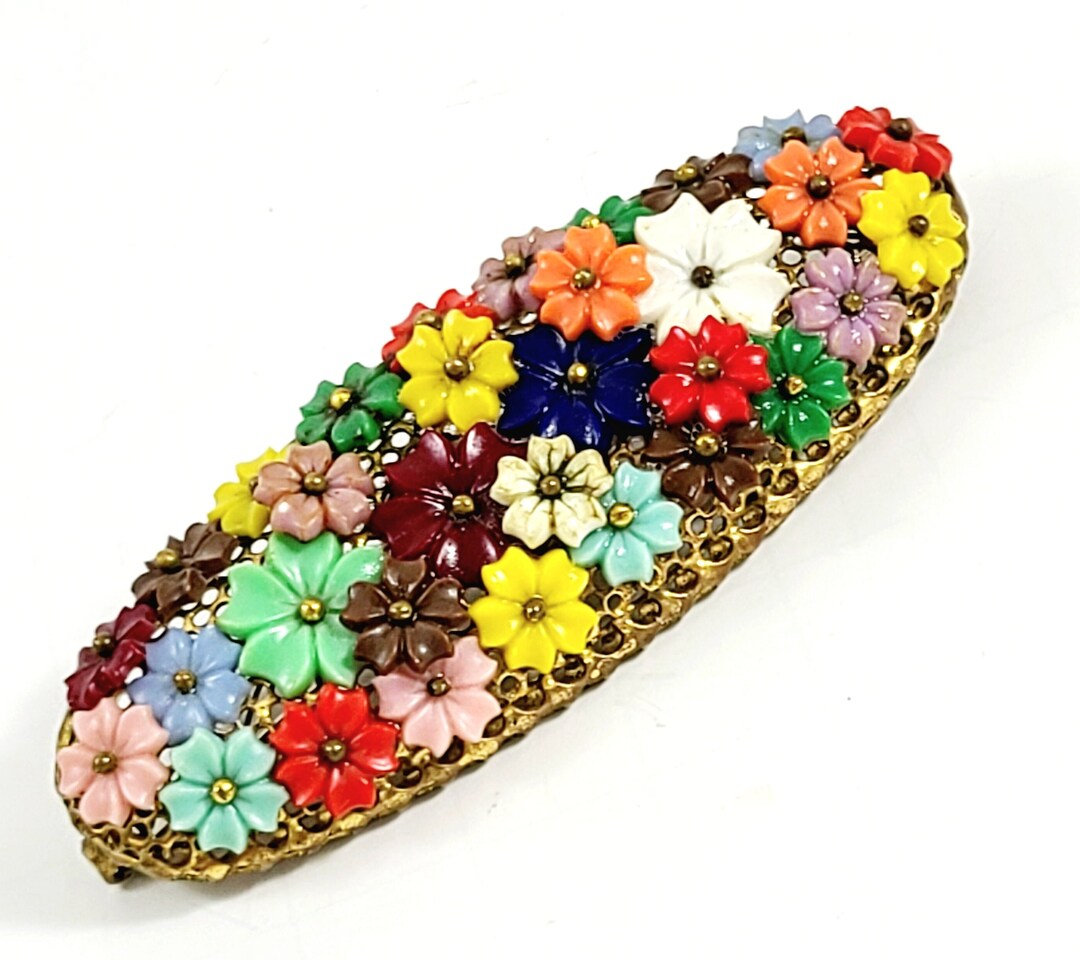30s Oval Celluloid Flower Brooch Multicolored Pastels Mariam - Etsy