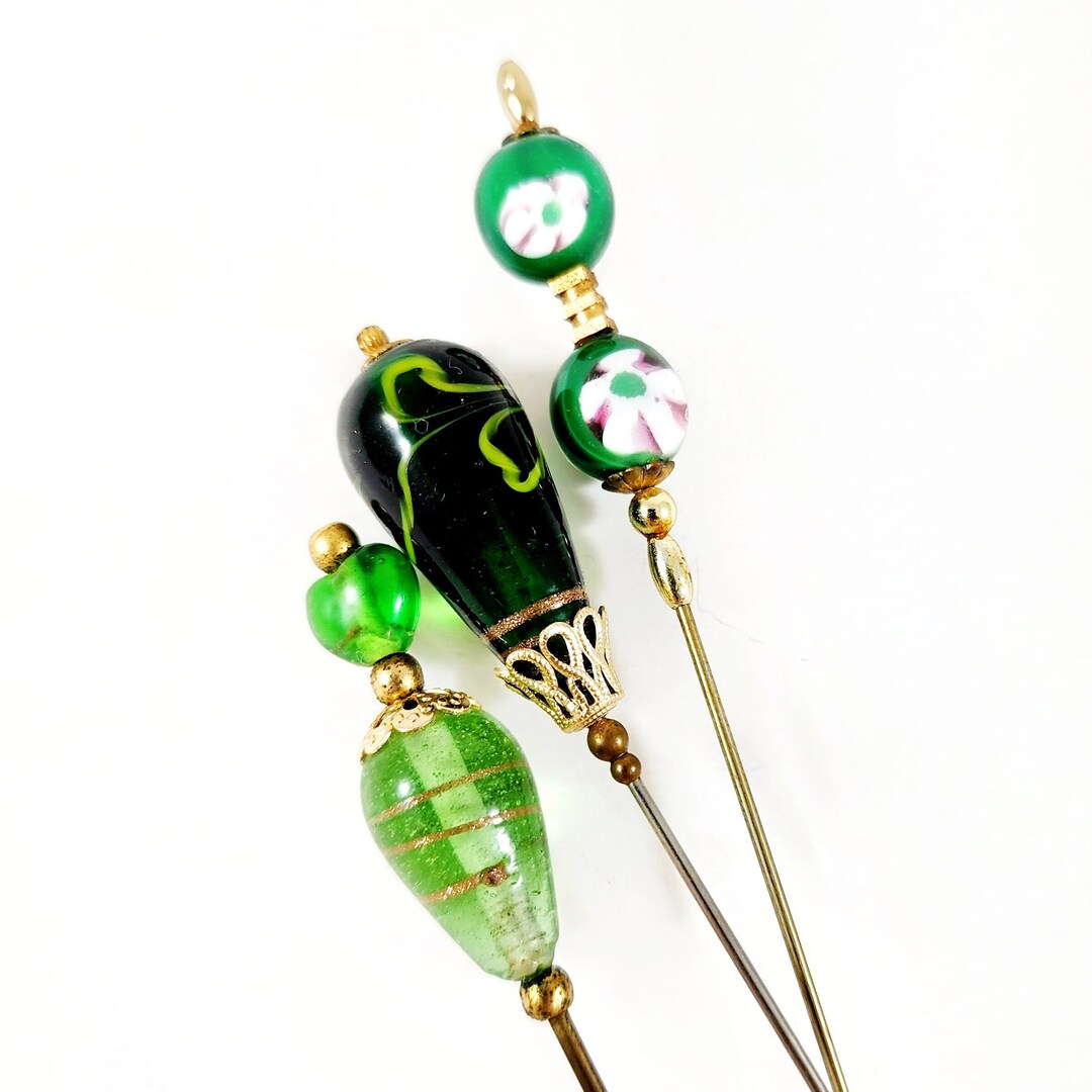 Green Glass Bead Hat Pins Set of 3, Green Glass Bead Hat Pins, Vintage ...