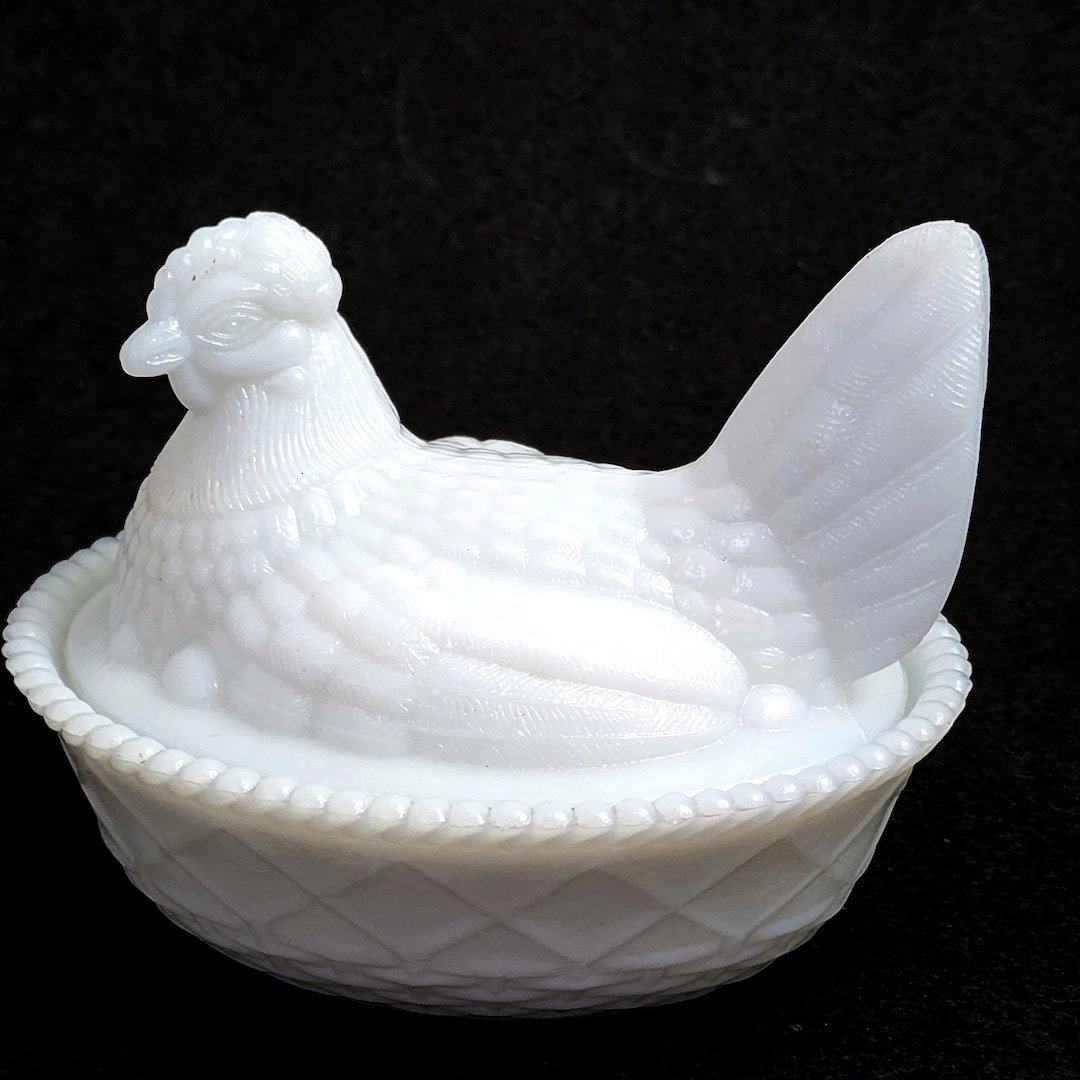 Mid Sized Hen on Nest Split Tail Milk Glass, Basket Weave Vintage 50s ...