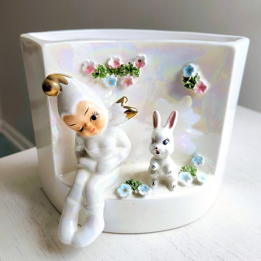 Lefton Iridescent Winking Pixie Indoor Planter Figurine With Rabbit ...