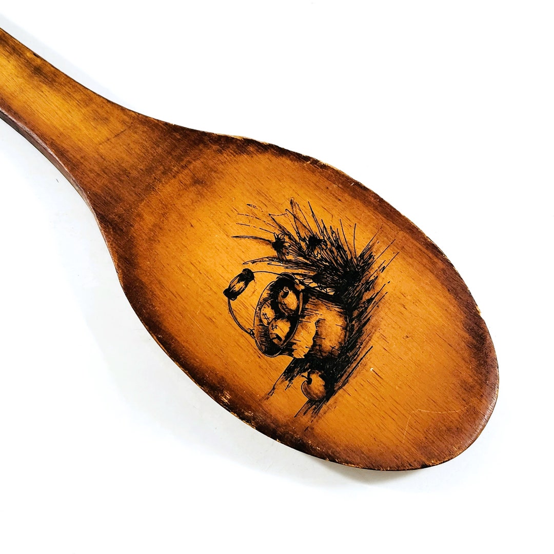 Old Wooden Wall Art Spoon With Wood Burned Pail of Apples, Hand Crafted ...