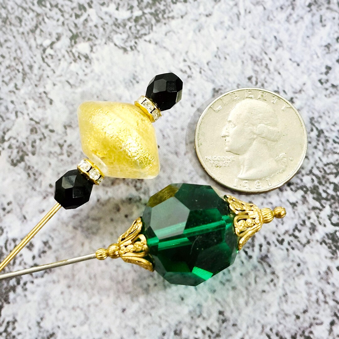 Green & Gold Glass Bead Hat Pin and Stick Pin, Cased Glass, Glass ...