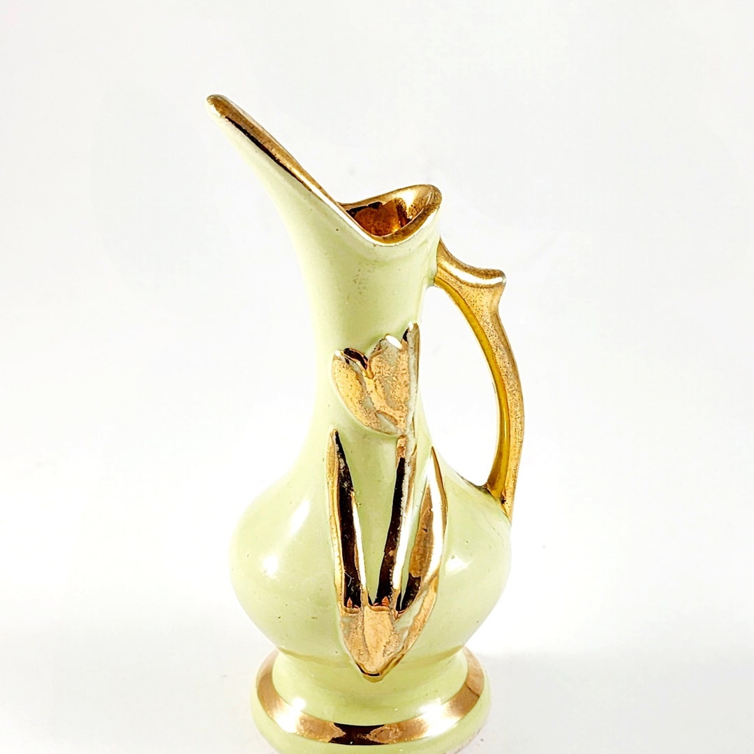 Miniature Pottery Pitcher Ewer Chartreuse With Long Spout & Gold Tulip ...