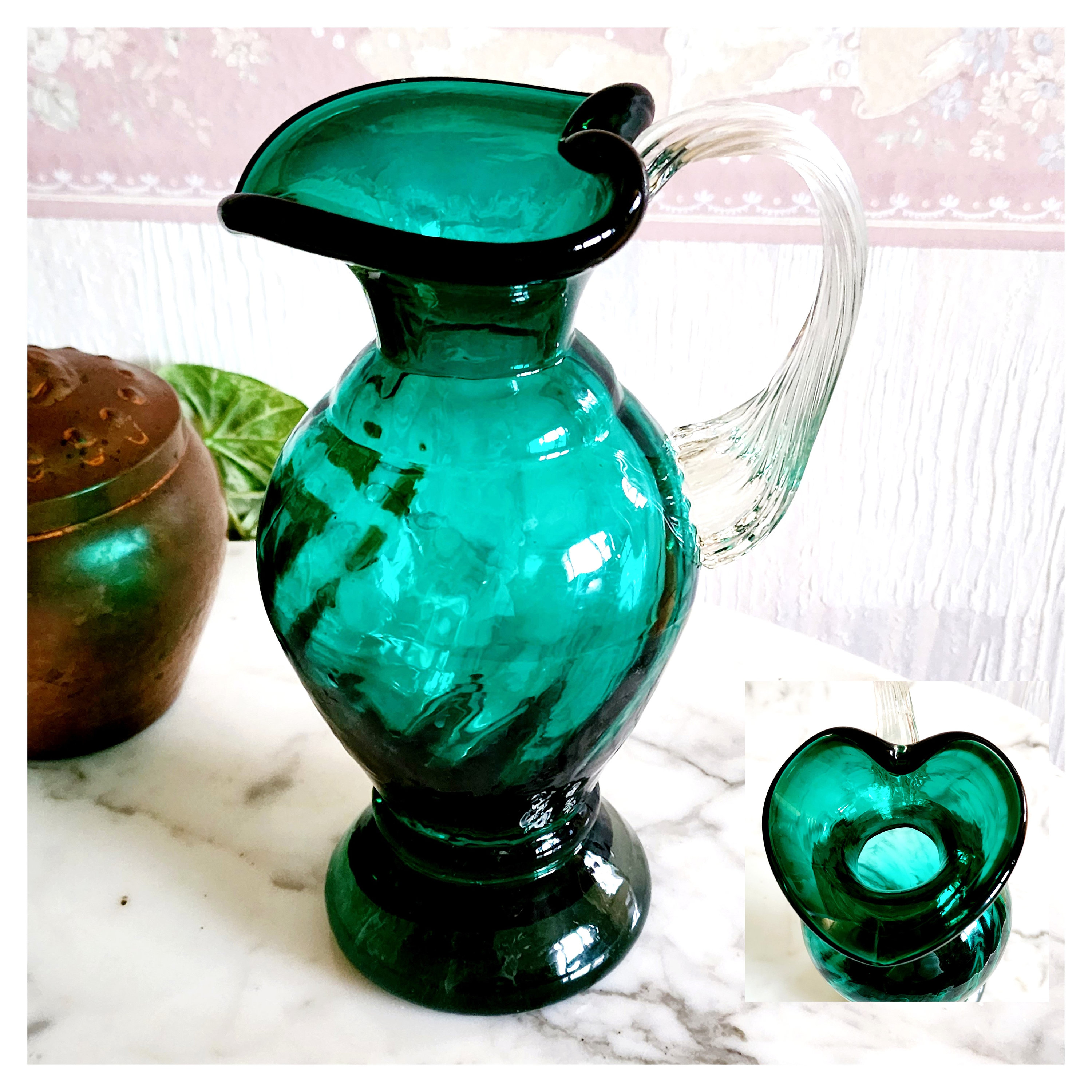 Tall Art Glass Pitcher Vase Green Glass Heart Shaped Rim - Etsy