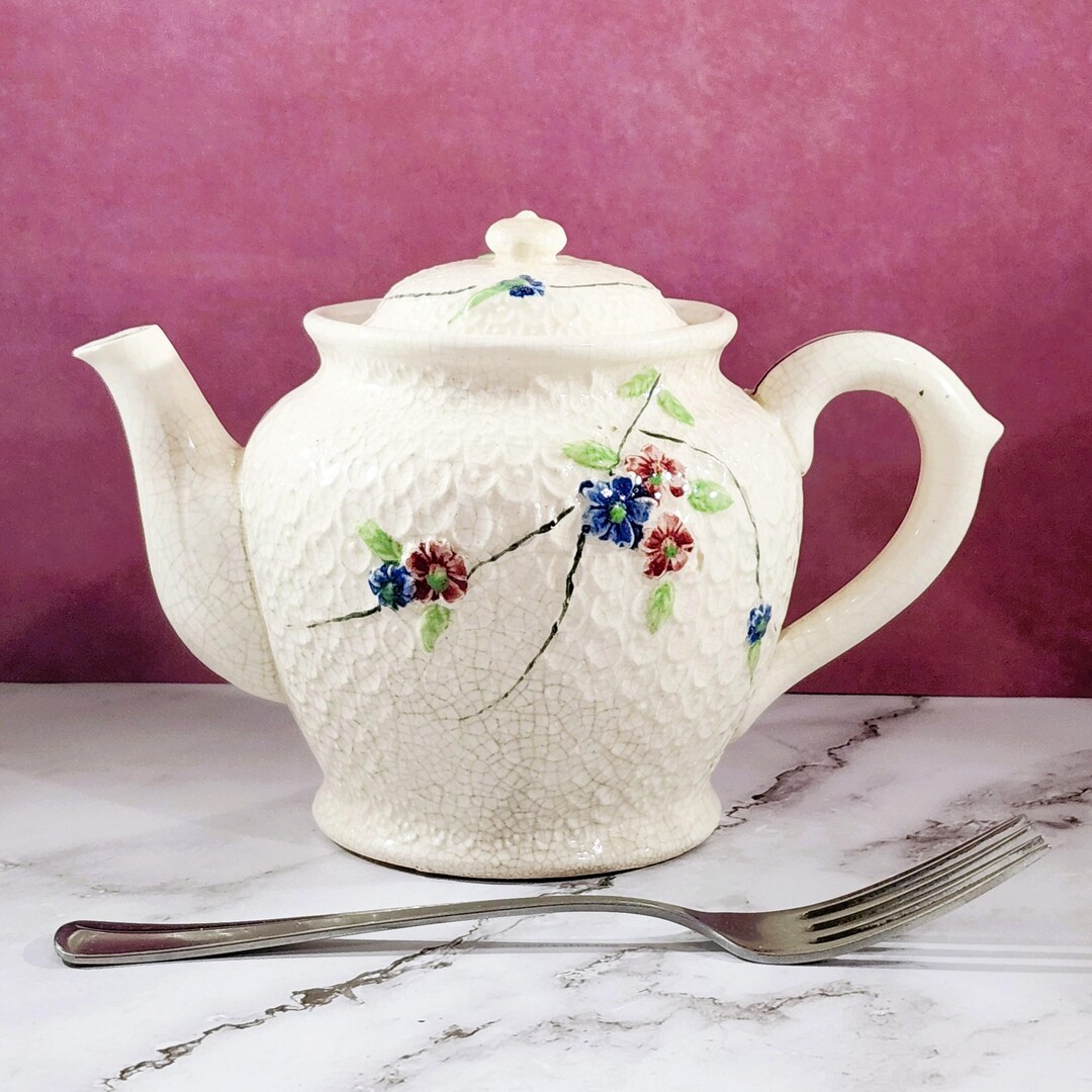 40s Single Serve Teapot: Raised Flowers Texturing & off White Vintage ...