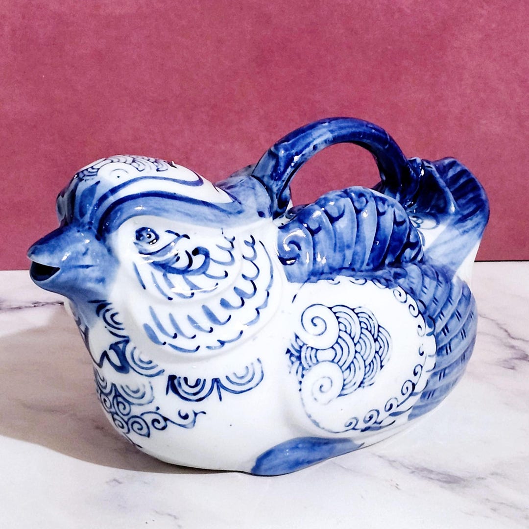 Blue White Phoenix Bird Teapot Figurine Hand Painted Chinoiserie Made ...