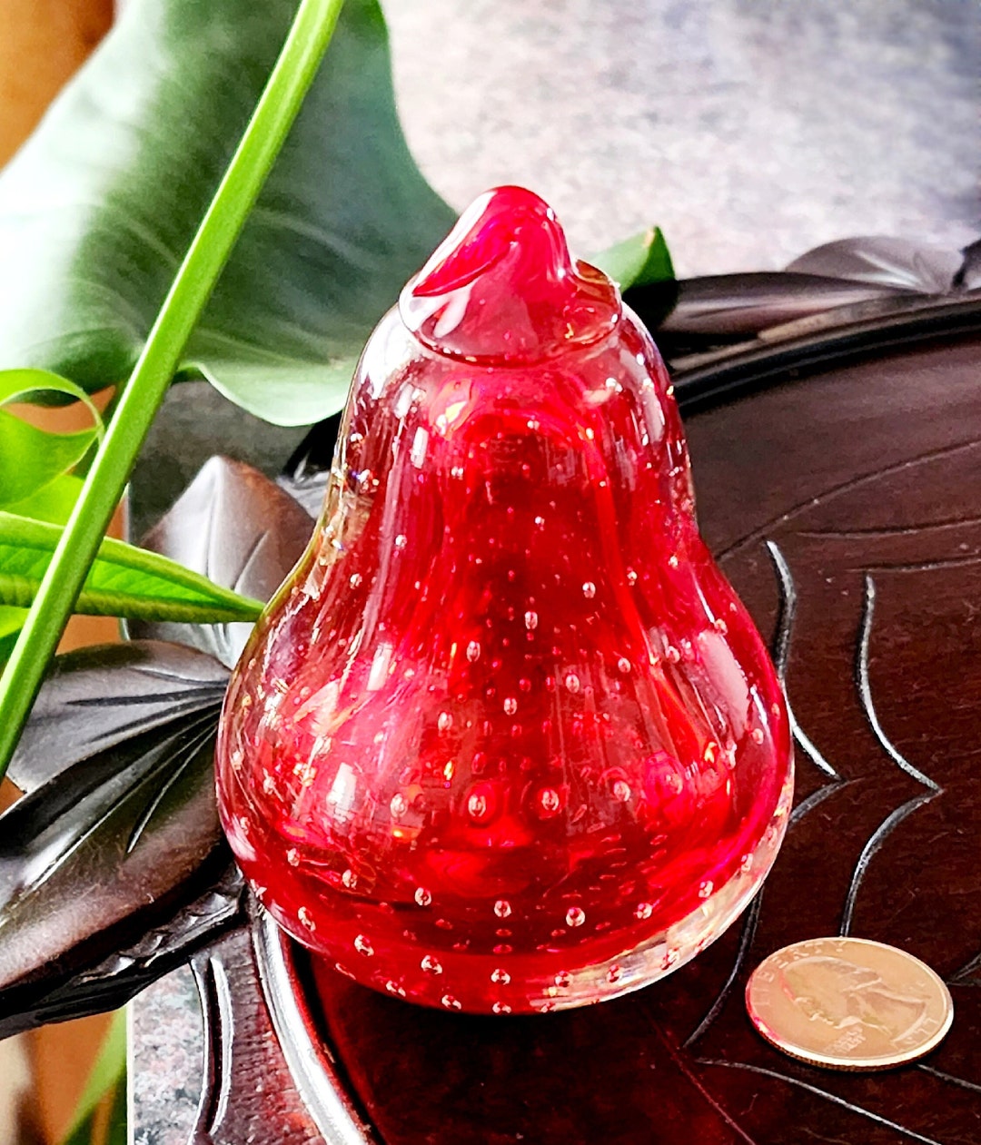 Red Glass Pear Paperweight - Controlled Bubbles Blown Glass Vintage 70s ...