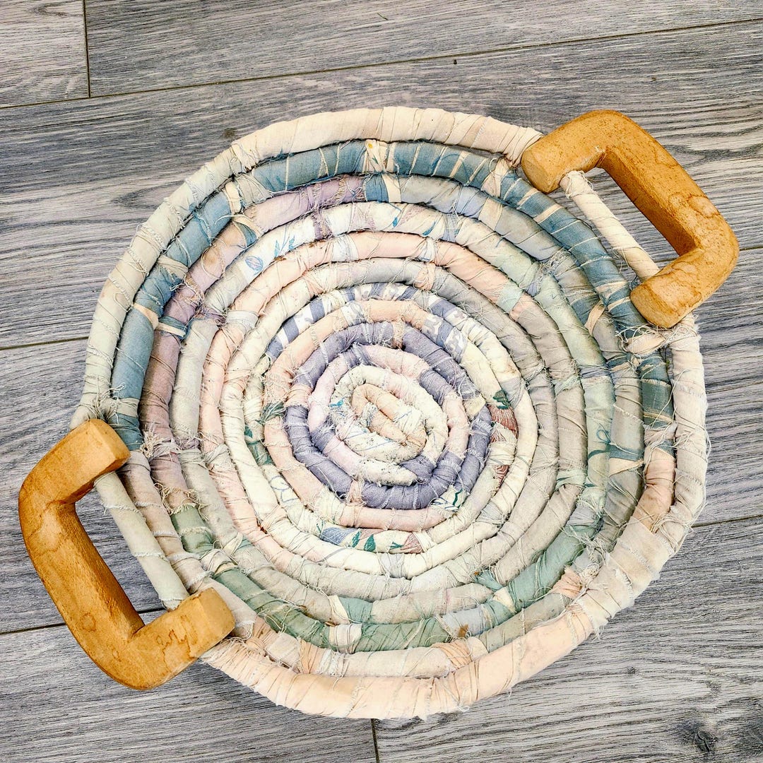 Primitive Rag Rope Coil Basket With Wood Handles Farmhouse Country Folk ...