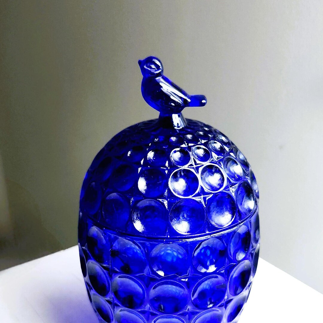 Cobalt Blue Candy Jar With Bird Lid & Dimple Glass Vintage 70s - Etsy